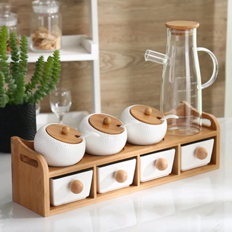 Kitchen Accessories 1-7pcs/Set Ceramic Seasoning Pot Set Wooden Tray ...