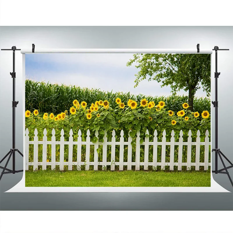 Spring Green Field Photography Backdrops Sunflower White Fence Birthday ...