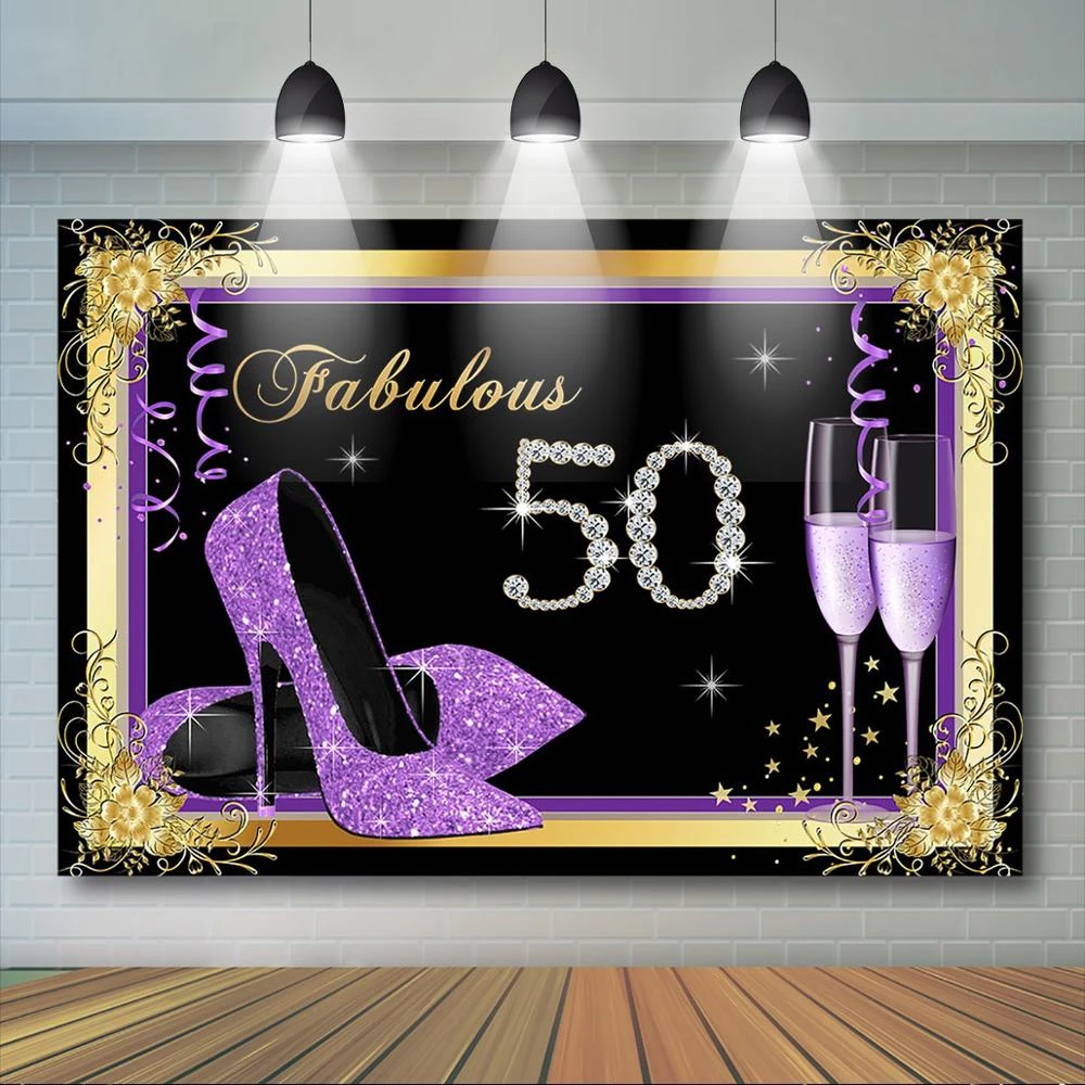 Fabulous 50th Birthday Custom Backdrop Purple High Heels Champagne ...
