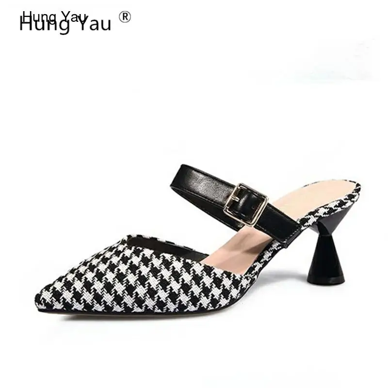 Hung Yau Houndstooth Mules Shoes For Women Summer Style Sandals 6.5 CM ...