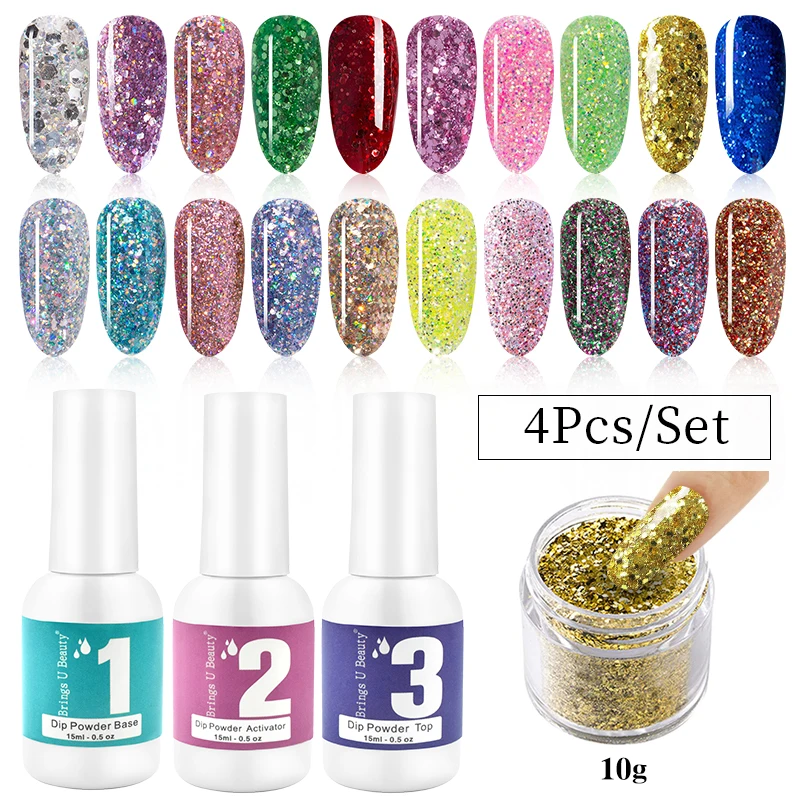 4 In 1 Dipping Powder Tool Kits Set 10g Shine Glitter Dip Powder 15ml ...