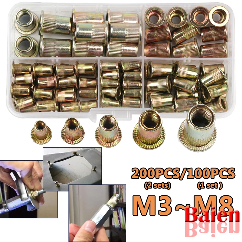 100PCS-Rivet-Carbon-Steel-Nut-Tool-Kit-Mixed-Zinc-Steel-Insert-Nutsert ...