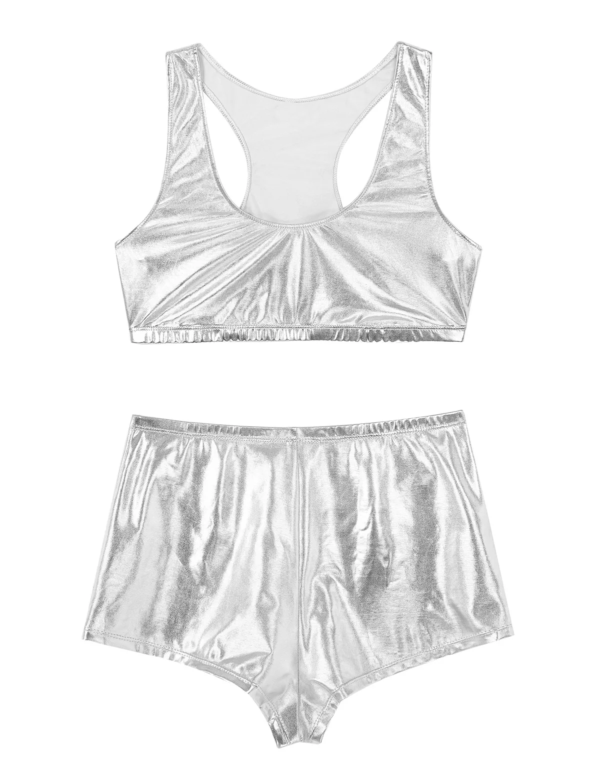 Womens Shiny Rave Pole Dance Costume Metallic Dance Fitness Sports Suit ...