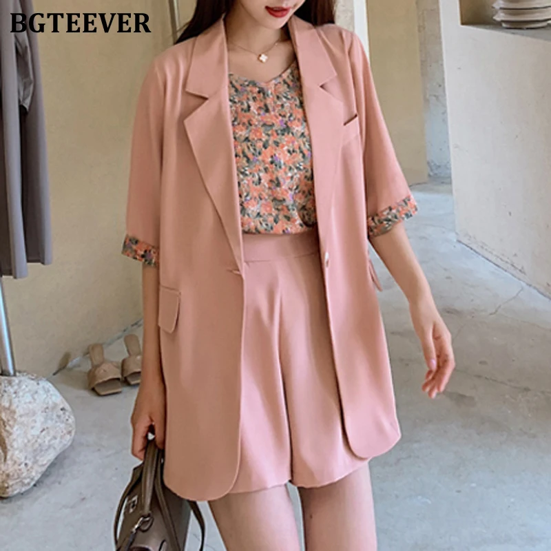 BGTEEVER New Summer 3 Pieces Set One Button Blazer & Shorts & Camisole ...