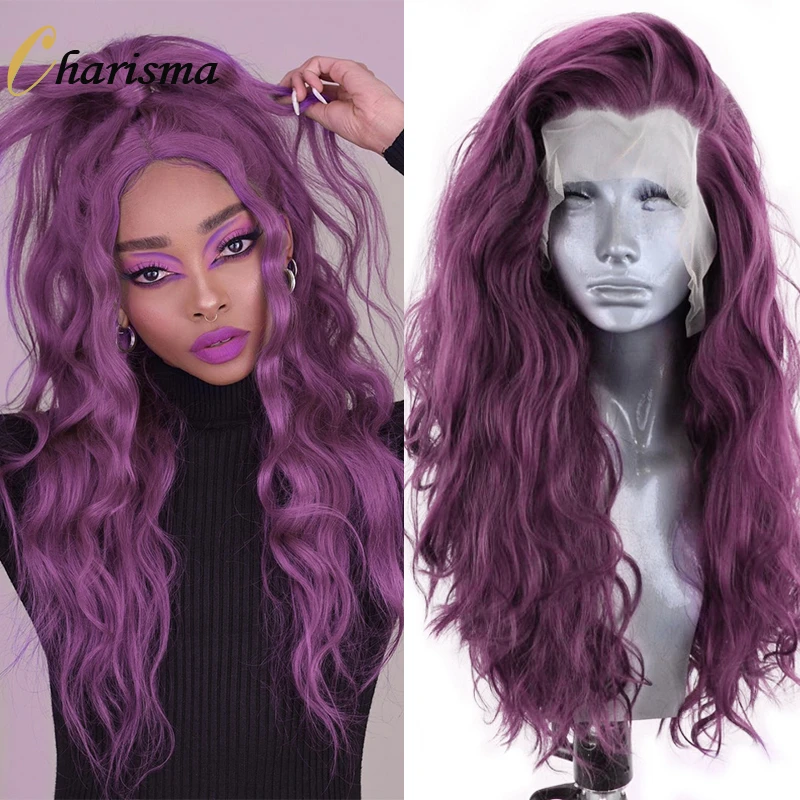 Charisma Long Water Wave Lace Front Wig Purple Color Synthetic Wig Heat ...