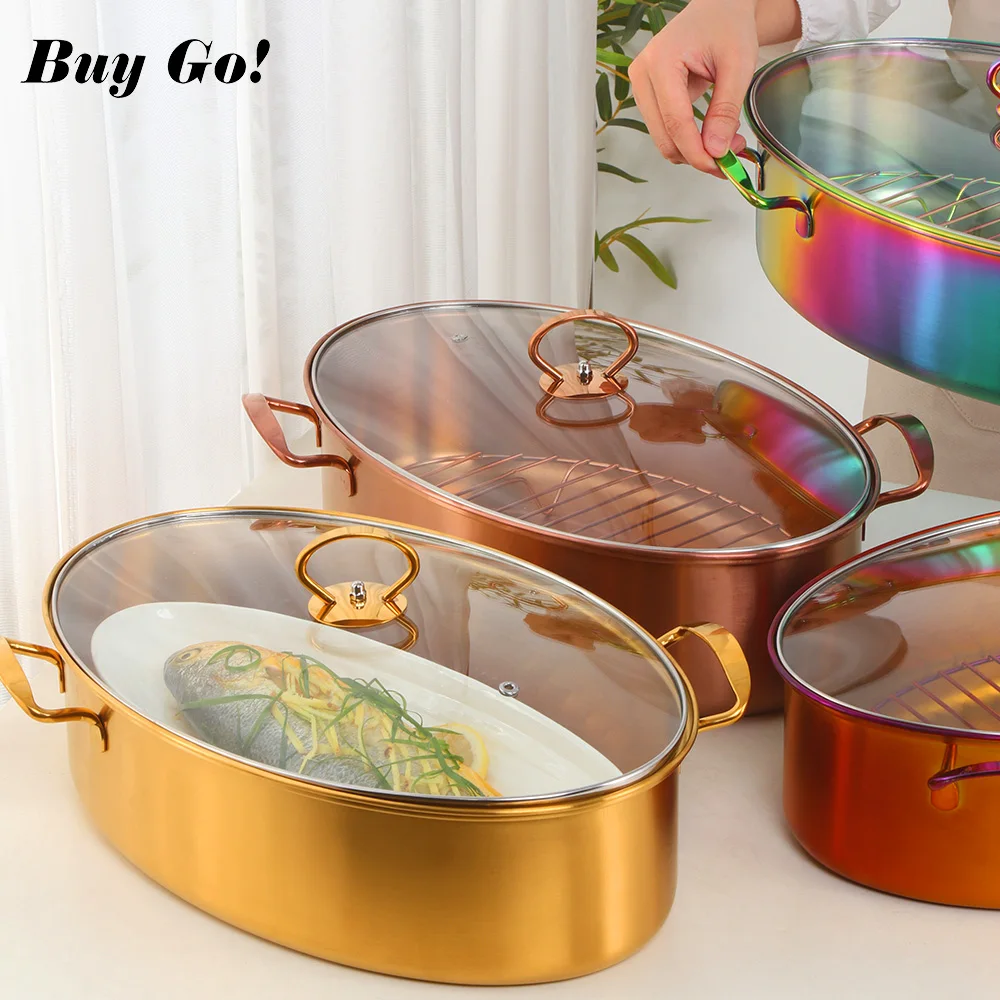 Kitchen Stainless Steel Gold Fish Steamer Pot With Rack Ceramic Plate ...