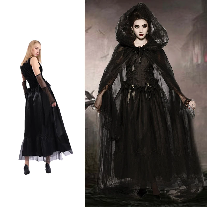 Medieval Vampire Witch Gothic Bride Scary Costume black cloak Cosplay ...