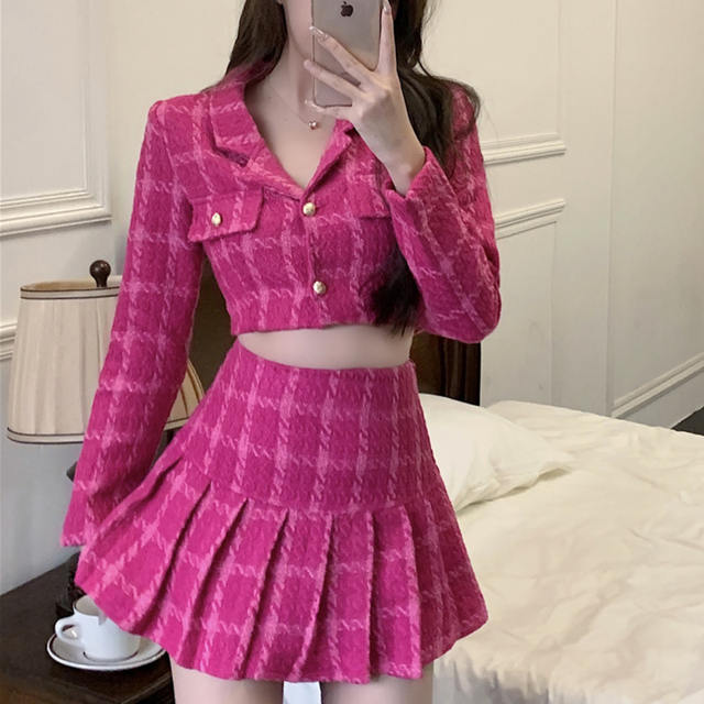 FREE SHIPPING Women Vintage Tweed Short Jacket And Mini Skirts Sets OUT0894