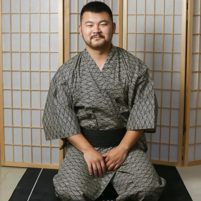 Japanese-Traditional-kimono-With-Obi-Men-Haori-Pajamas-Yukata-Cotton ...