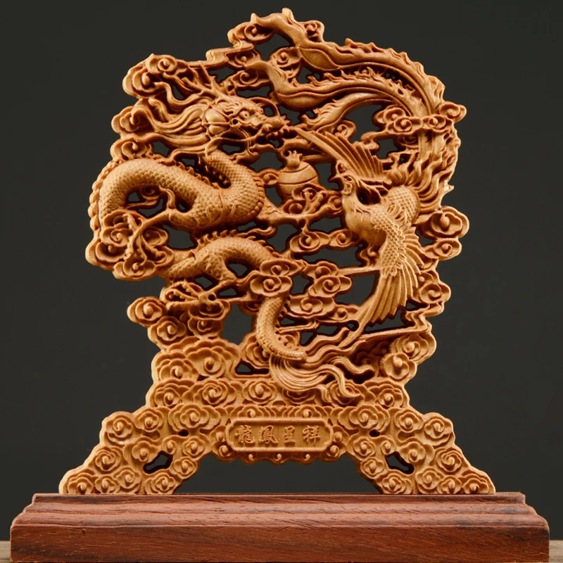 Thuja Wood 23cm Dragon Phoenix Sculpture Decorative Dish Hollow Wood ...