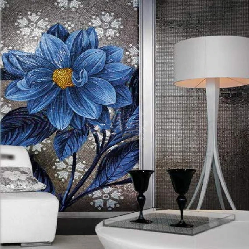 Classic Flower Power Blue Glimmer Glass Mural Art mosaic tile_bathroom ...