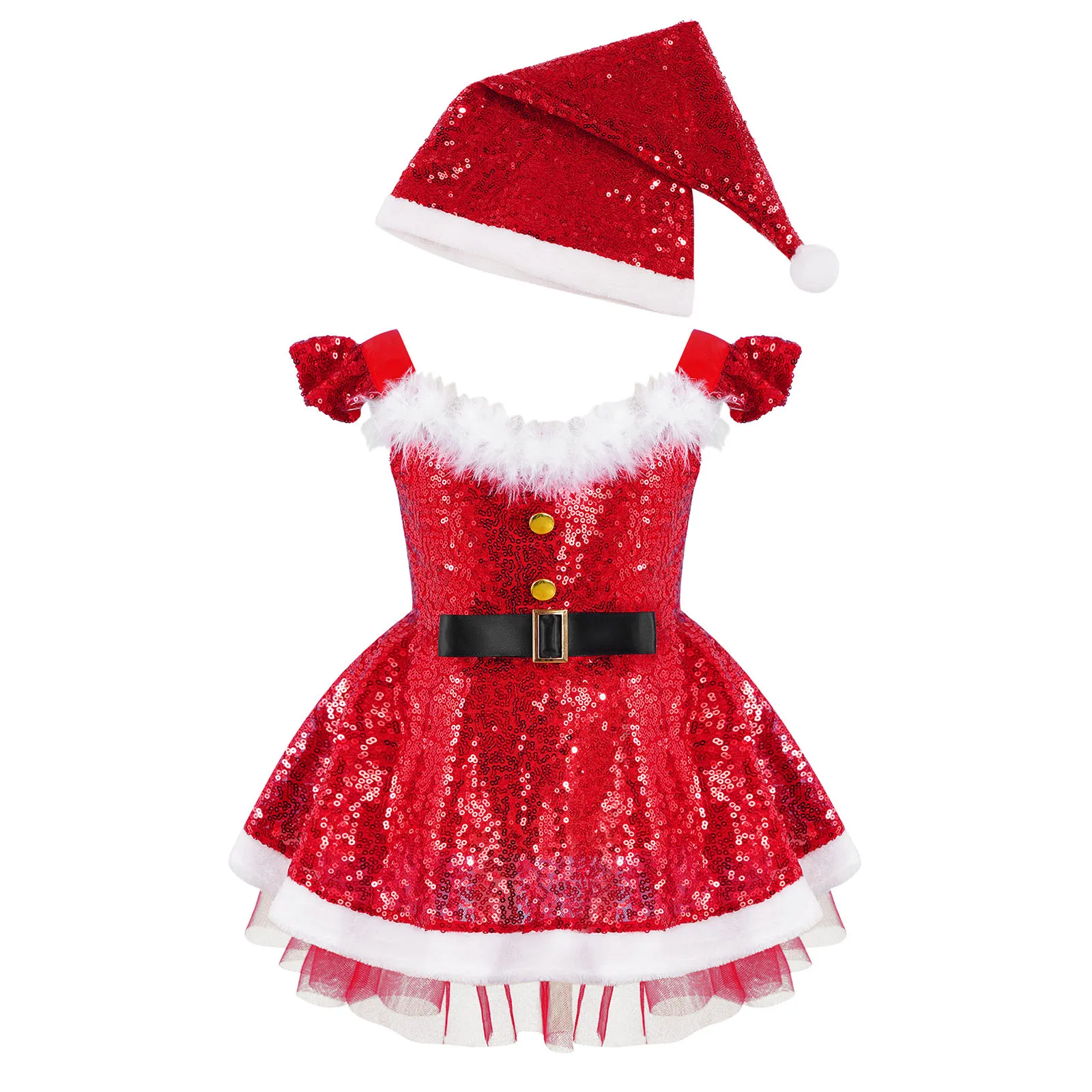 Kids Girls Elf Christmas Costume Shiny Sequins Faux Fur Dress with ...