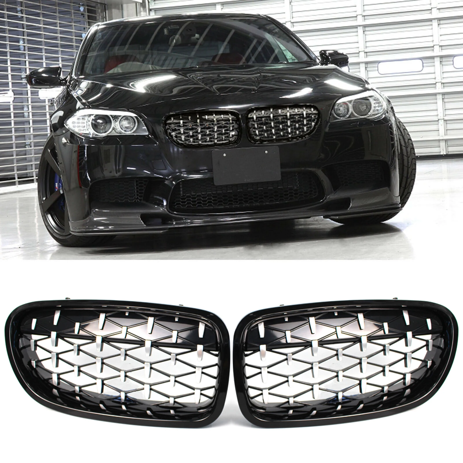 Gloss-Black-Chrome-Front-Kidney-Grille-Grill-M-Diamond-Style-For-BMW ...