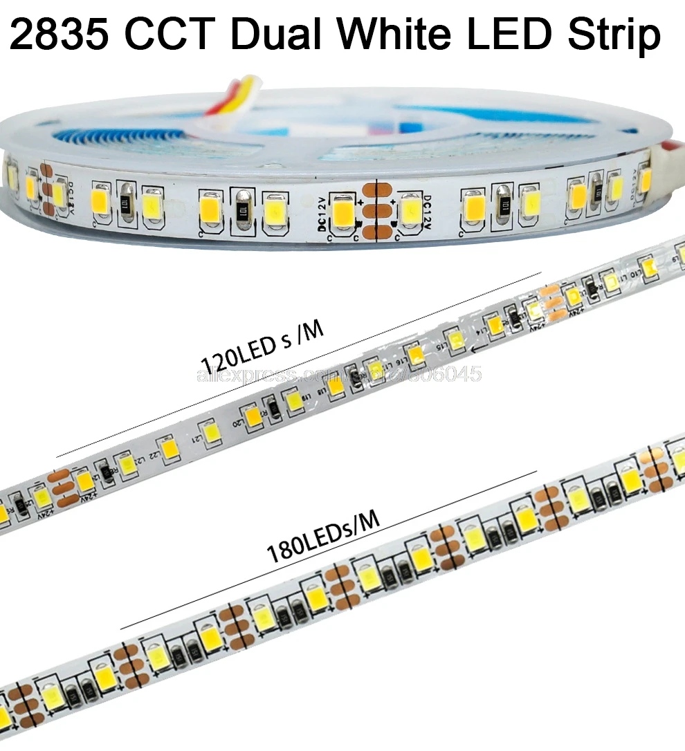5m Dual White SMD 2835 CCT LED Strip Light 12V 24V DC Color Temperature Adjustable Flexible LED ...