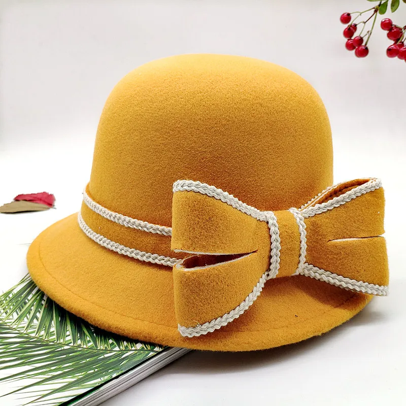 Women-Imitation-Wool-Felt-Bucket-Hat-With-Brim-Female-Bow-Fishing-Hats ...