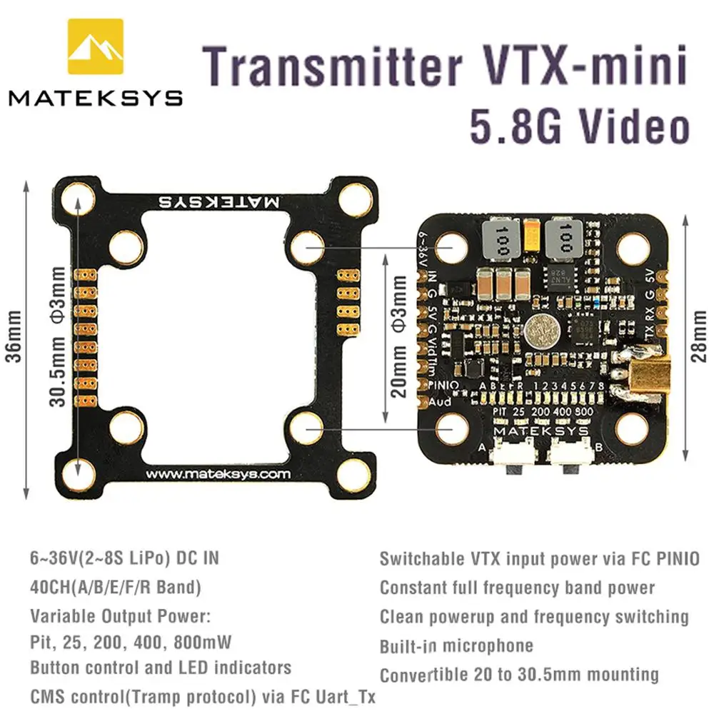 Matek sistema de drone mateksys vtx mini 5.8 ghz, 40 canais pit/25/200 ...