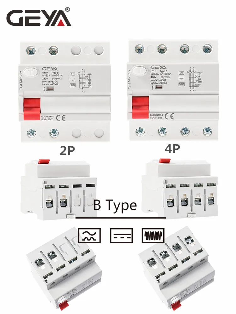 Geya Gyl9 Magnetic B Type Rccb Residual Current Circuit Breaker Dc Elcb 2p 4p 63a 30ma Type B ...