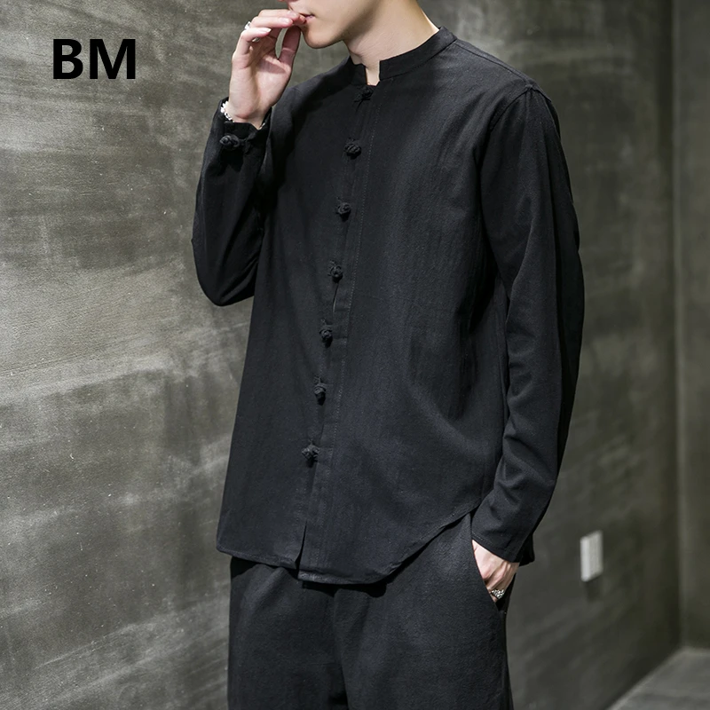 2020 Linen Shirts Men Clothing Chinese Style Long Sleeve Retro Buttoned ...