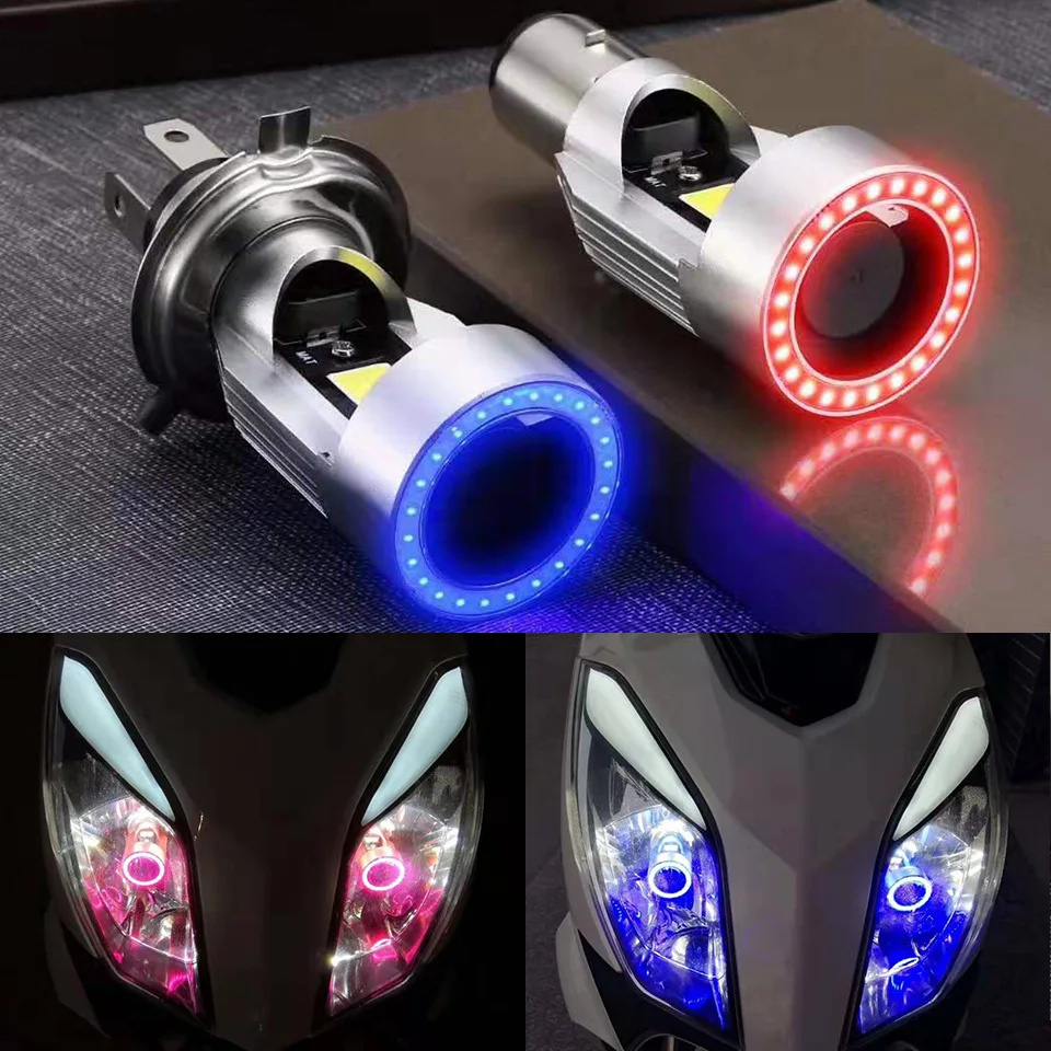 1X-Blue-pink-Angel-eye-Ba20d-LED-Motorcycle-Headlight-H4-HS1-H6-Scooter ...