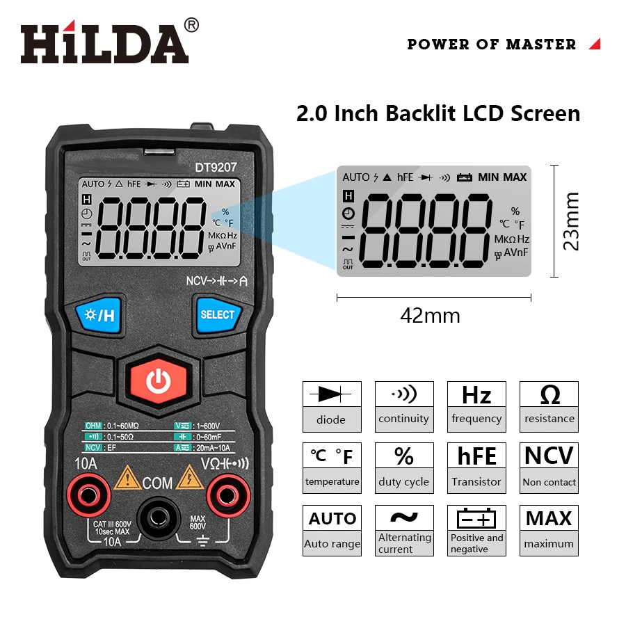 HILDA Digital Multimeter Auto Ranging AC/DC Voltage Meter Transistor ...