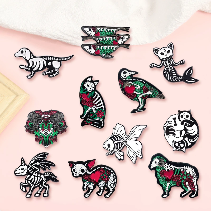 Creative Trendy Cartoon Cat Dog Bird Animal Skeleton Oil Drop Lapel ...