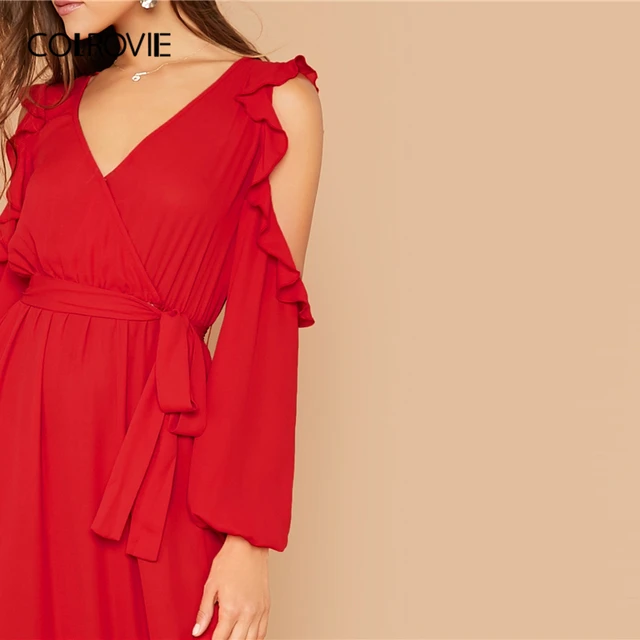 COLROVIE Red Cut Out Sleeve Ruffle Trim Split Thigh Dress Women V neck ...