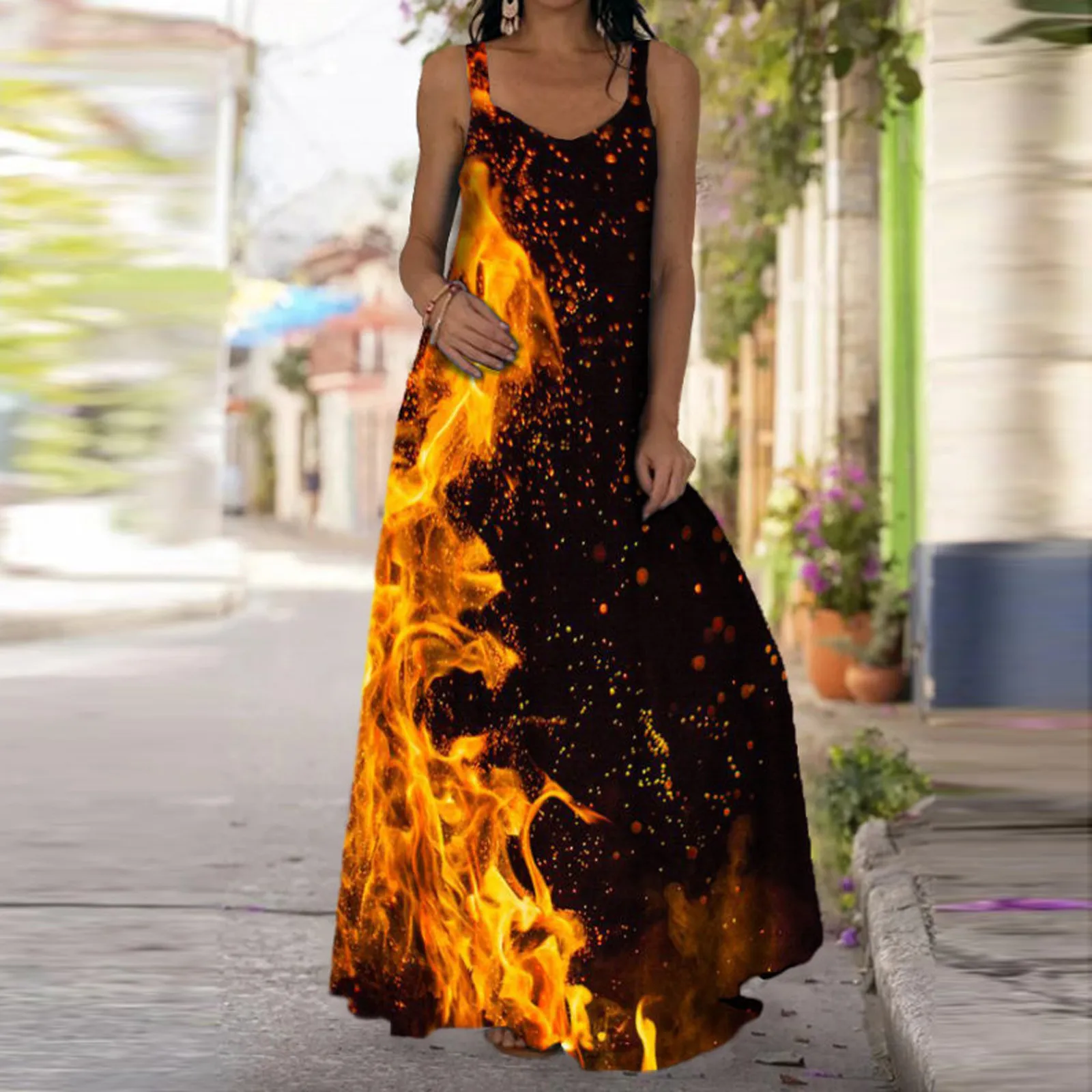 Women-Fire-Print-Dress-Glitter-Sequined-Maxi-Dress-Sexy-Colorful ...