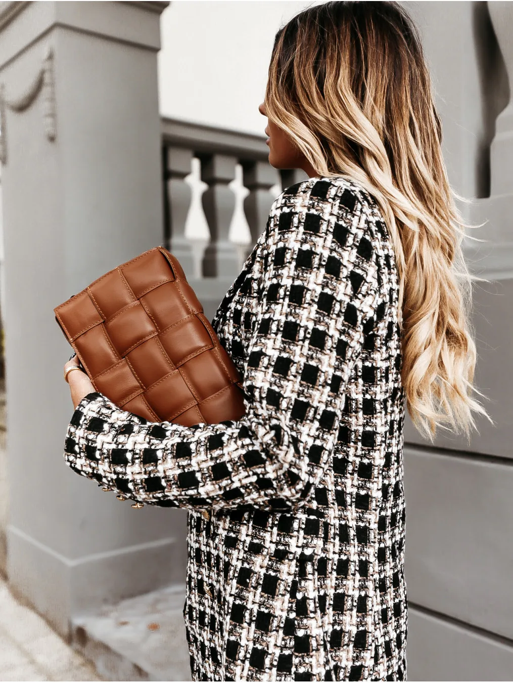 Fashion Vintage Check Print Wool Long Sleeve Double Breasted Coat