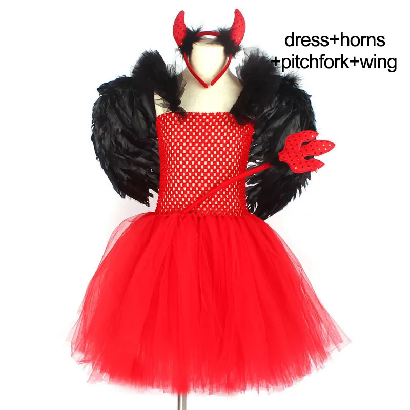 Girls Red Devil Tutu Dress With Horns Wings Pitchfork Crimson Demon ...