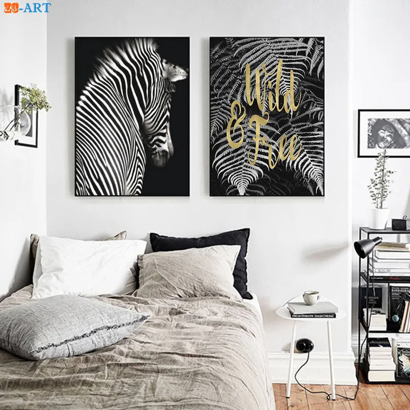 Moderne Leinwand Malerei Schwarz und Weiß Poster Farn Anlage Drucke Zebra Tier Wand Kunst ...