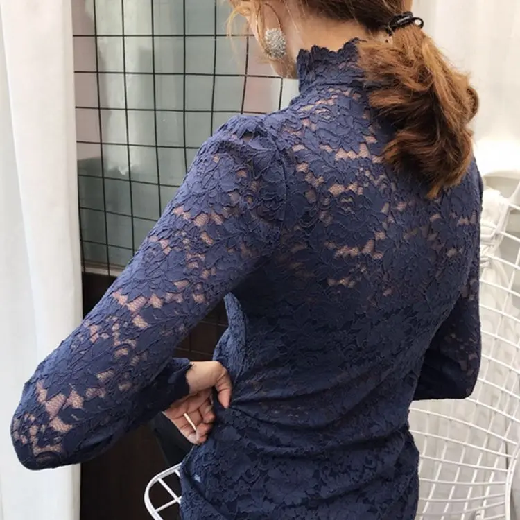 Women's High Neck Slim Lace Long Sleeve Cutout Bottoming Blouses