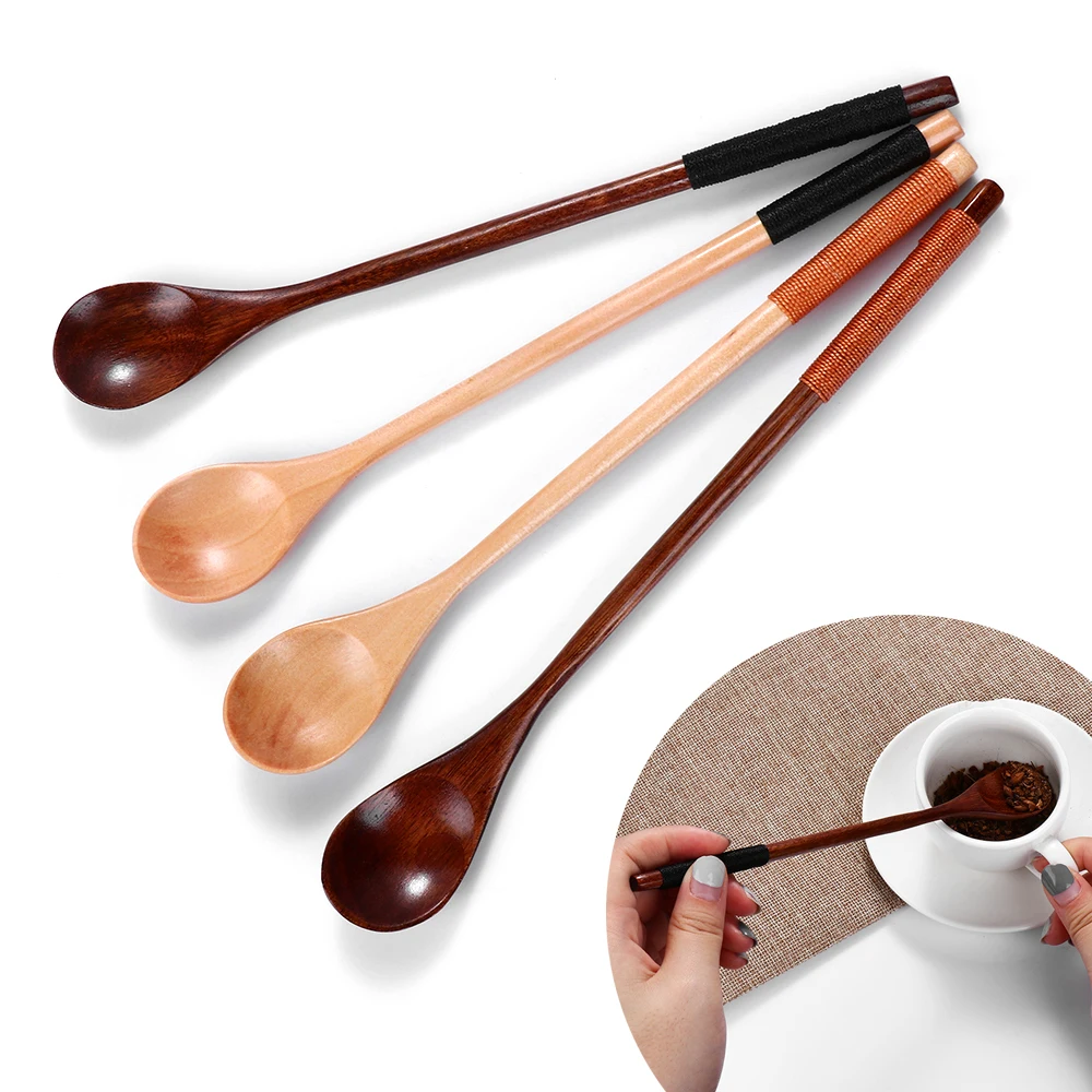 1PC Wooden Long-handled Spoons Handmade Rice Soup Tea Scoops Desserts ...