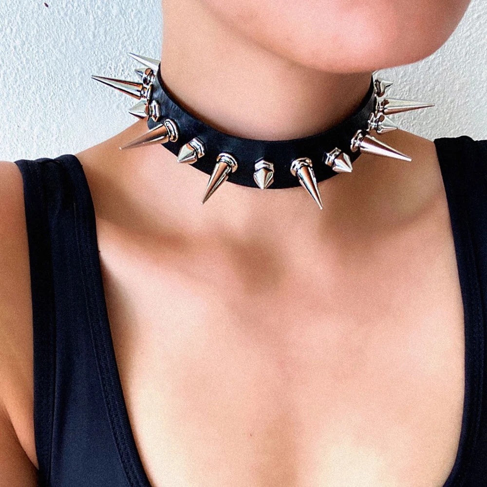 Emo Spike Choker Punk Collar Goth Necklace Fashion Vegan Leather Belt Chocker Accessories ...