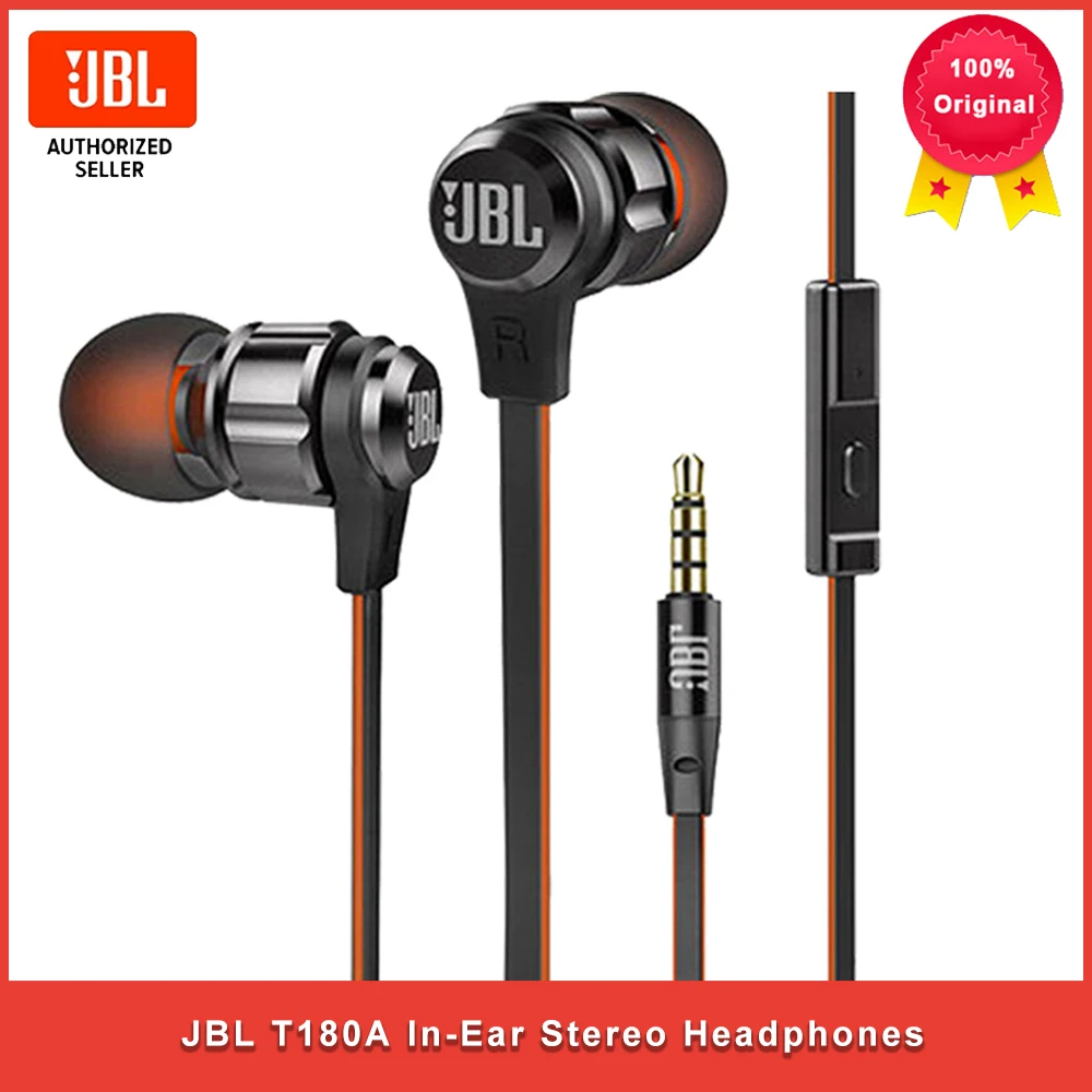 JBL T180A 인이어 스테레오 이어폰, 3.5mm 유선 스포츠 게임용 헤드셋, 순수한 베이스 이어 버드, 핸즈프리, 마이크 ...