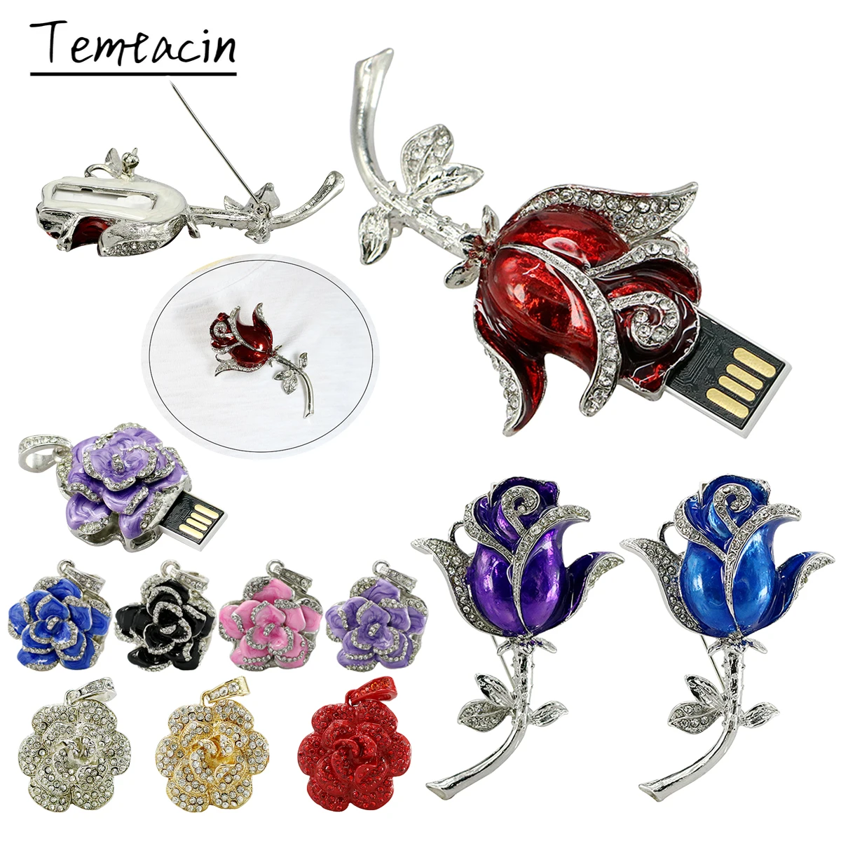 Crystal Necklace Pendant USB Flash Drive 256GB 64GB 32G 16G Rose Flower ...