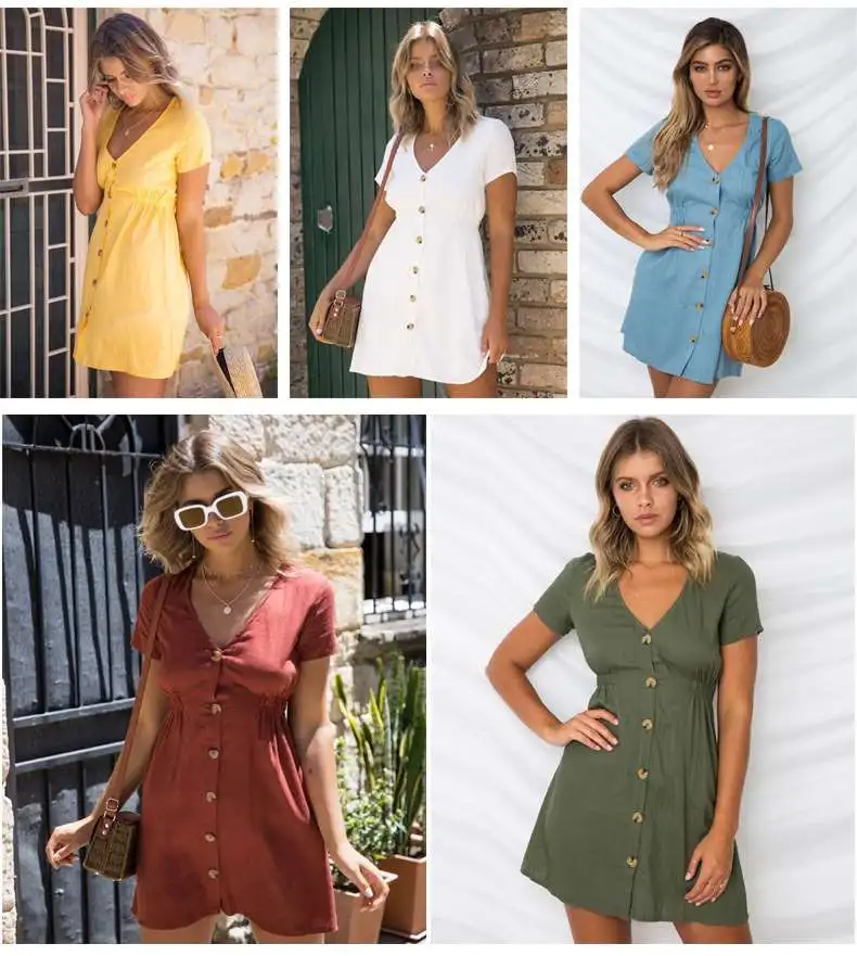 YOUNG VIVA 2019 여성 드레스 Short sleeve V 목 한 브레스트 Solid Color dress l127 ...