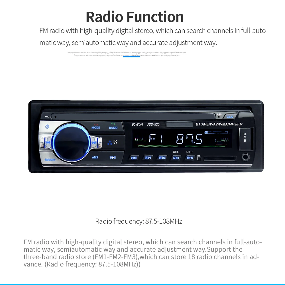 Autoradio JSD520, Bluetooth, 12V, FM, entrée Aux, 1 Din, lecteur stéréo ...