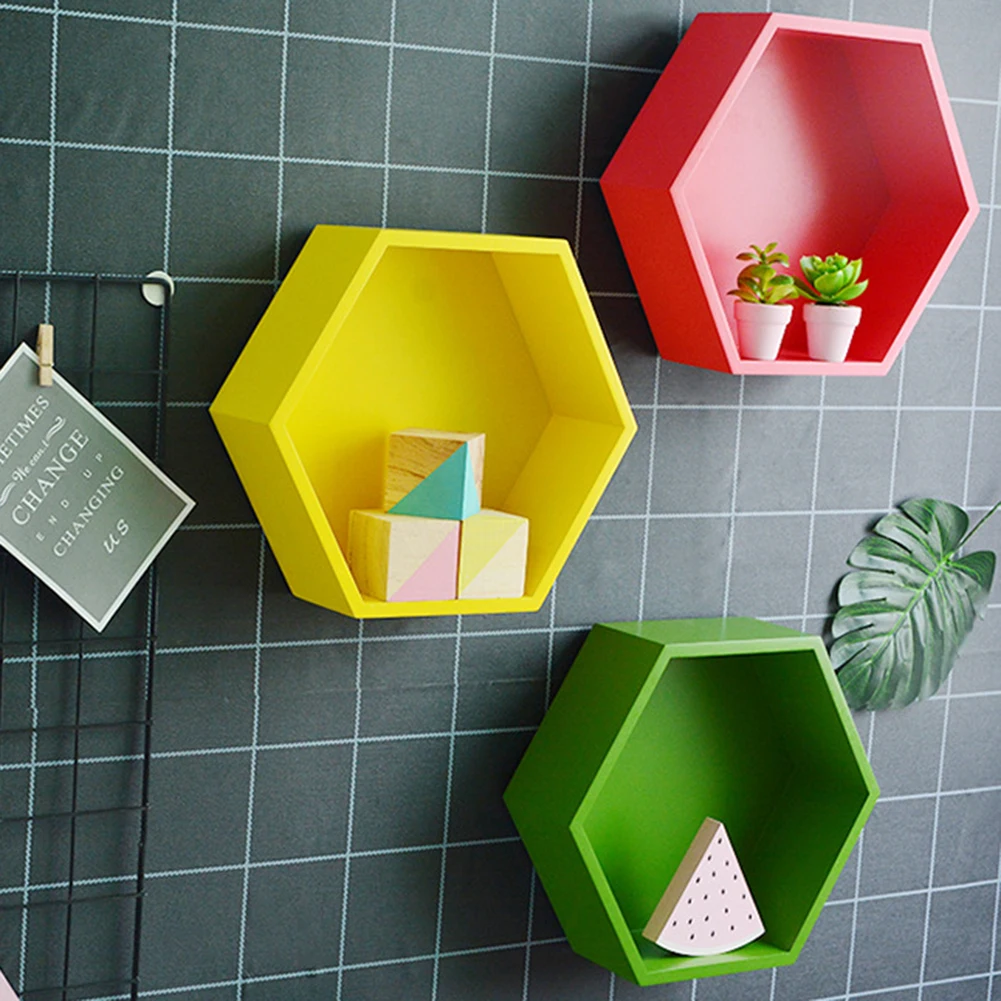 Wooden Wall Hanging Hexagonal Storage Rack Display Holder Shelf for ...