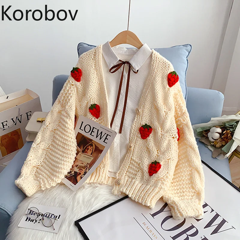 Korobov Japanese Strawberry Knitted Cardigans Coats Korean Chic Sweet ...