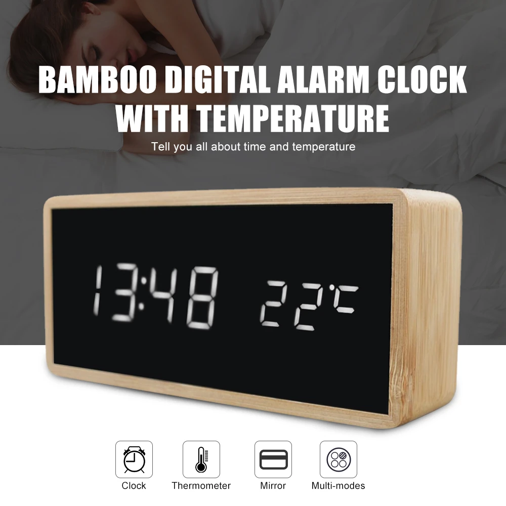 Original Bamboo Wooden Alarm Clock LED Display With Mirror Temperature ...