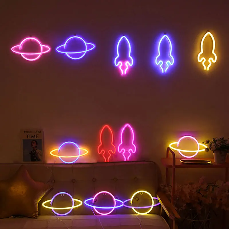Led Neon Light Colorful Rocket Neon Sign Planet Desk Lamp For Room Home ...