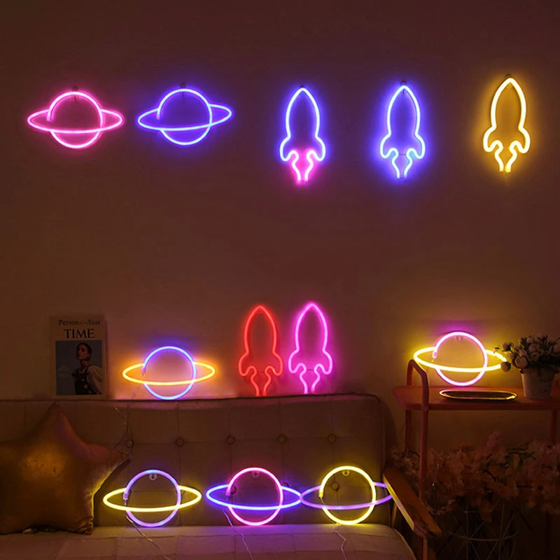 Led Neon Light Colorful Rocket Neon Sign Planet Desk Lamp For Room Home ...