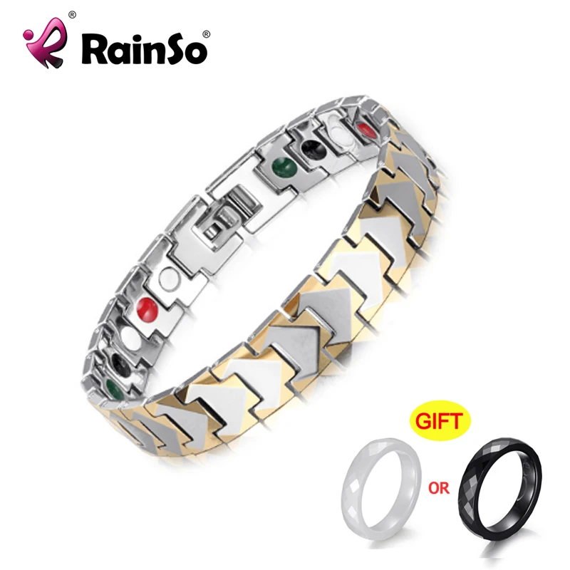 Rainso 텅스텐 스틸 팔찌 남성용 Charm 5 in 1 마그네틱 네거티브 이온 건강 관리 링크 체인 골드 컬러 2020 ...