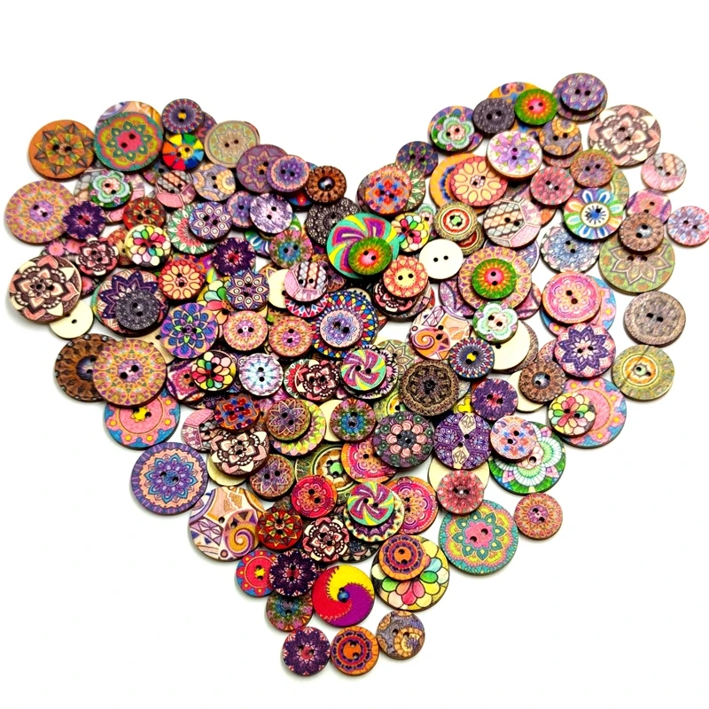 100pcs retro round buttons diy hand-sewing process printing wood chips ...