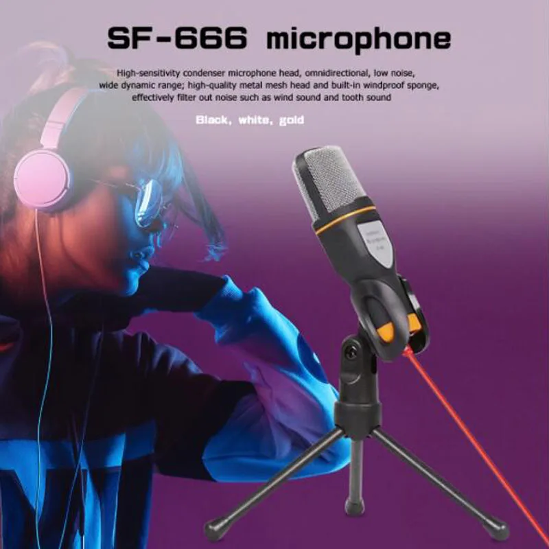 SF-666 전문 유선 마이크 콘덴서 사운드 3.5mm 잭 팟캐스트 스튜디오 마이크, 스탠드 삼각대 포함, - 티몬