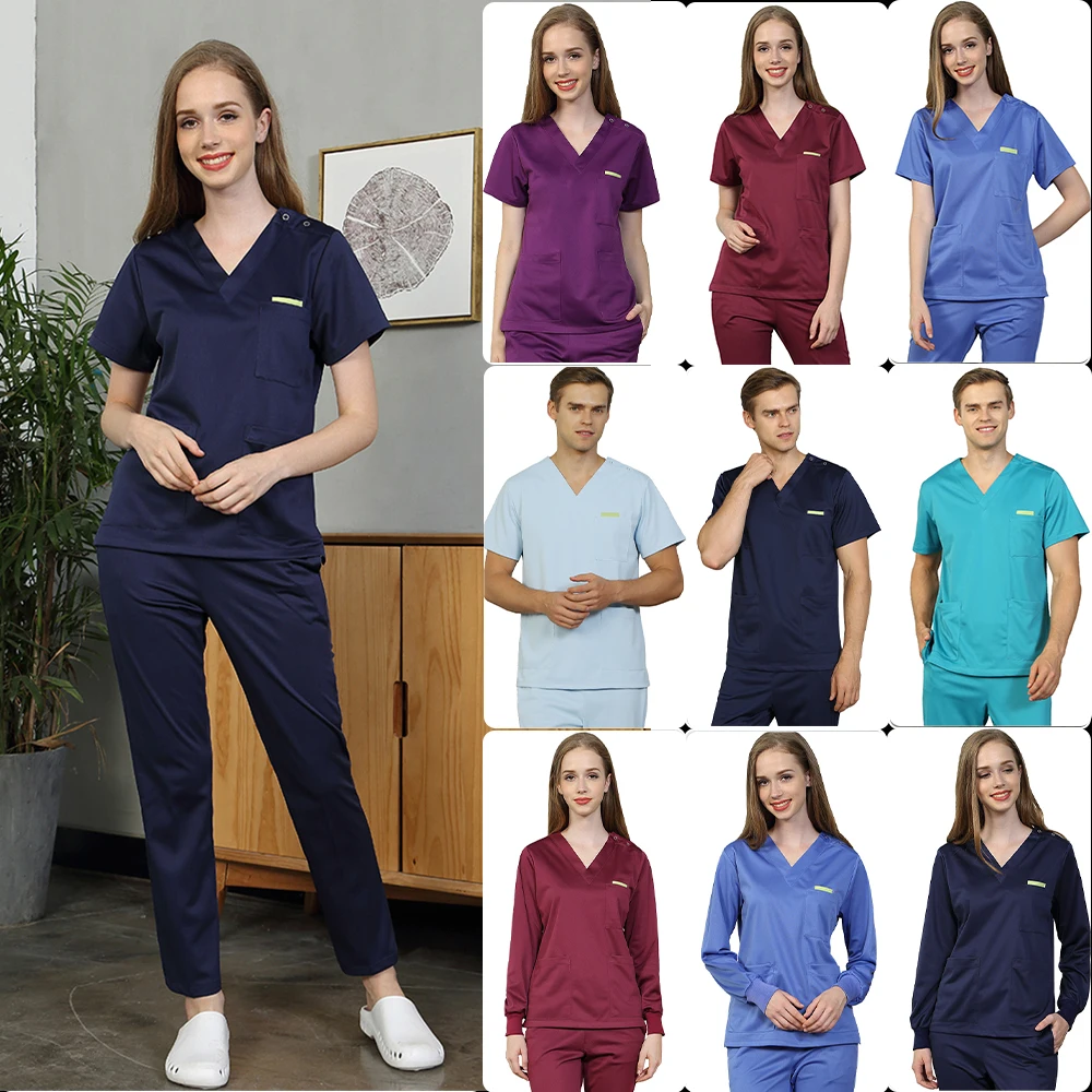 Silky-Scrub-Uniform-Nursing-Medical-Workwear-for-Women-Men-Solid-Color ...
