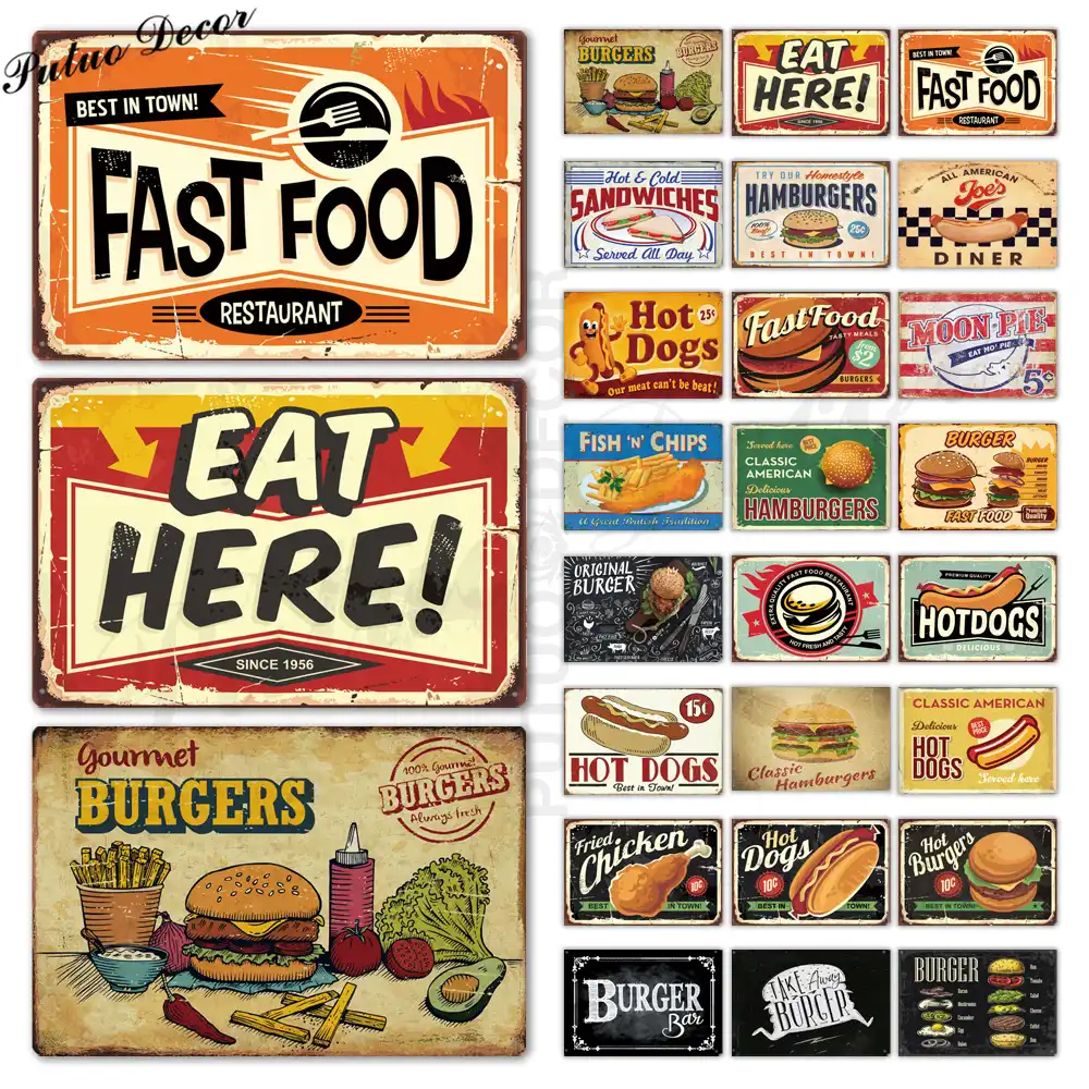 Hamburger Metal Sign Plaque Metal Vintage Fast Food Tin Sign Wall Decor ...
