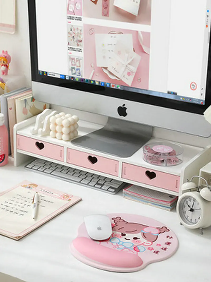 Fashion-Pink-Monitor-Stand-With-Drawer-Girl-s-Desk-Organizer-Set ...