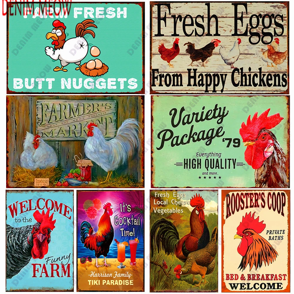 Chickens Tin Sign Vintage Rooster Metal Sign Farmhouse Home Decor ...