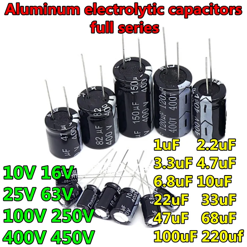 20 Buah 10V 16V 25V 63V 100V 250V 400V 450V Kapasitor Aluminium 1UF 2.2UF 3.3UF 4.7UF 6.8UF 10UF ...